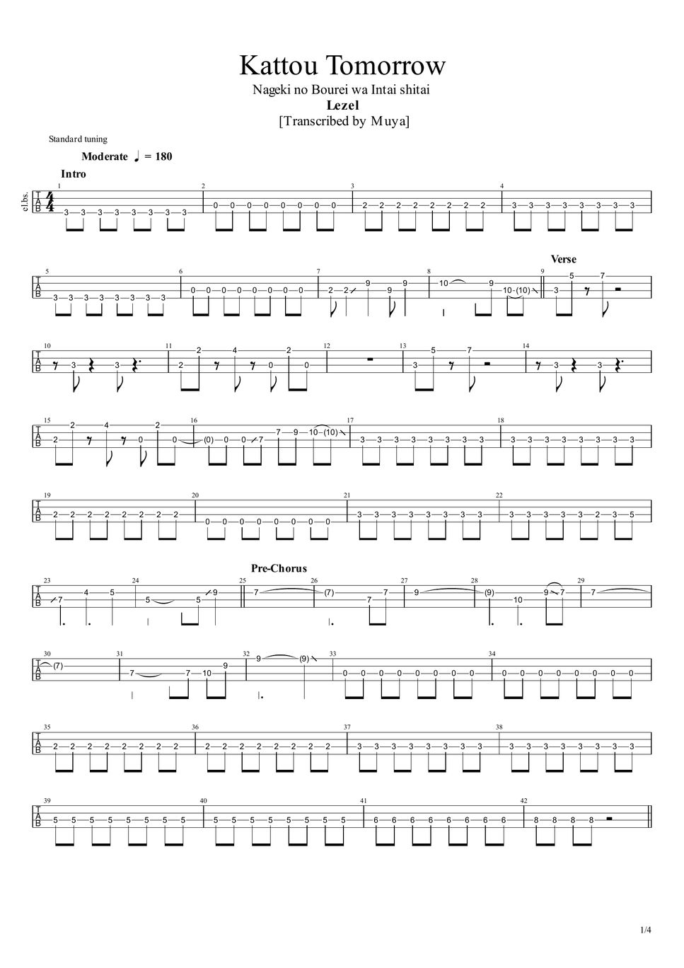 Lezel - Kattou Tomorrow (Bass TAB) Sheet Music by Muya