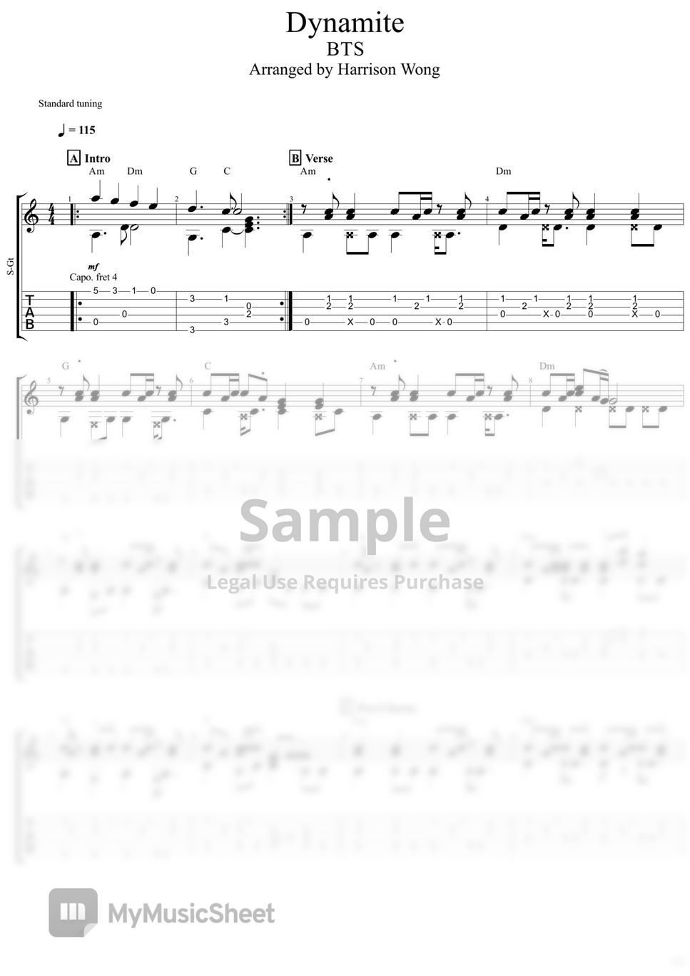 BTS - Dynamite (Fingerstyle) Tab + 1staff by Harrison Wong