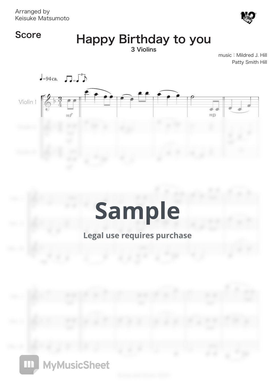 Patty Hill and Mildred J. Hill - Happy Birthday to You (for 3 Violins ...