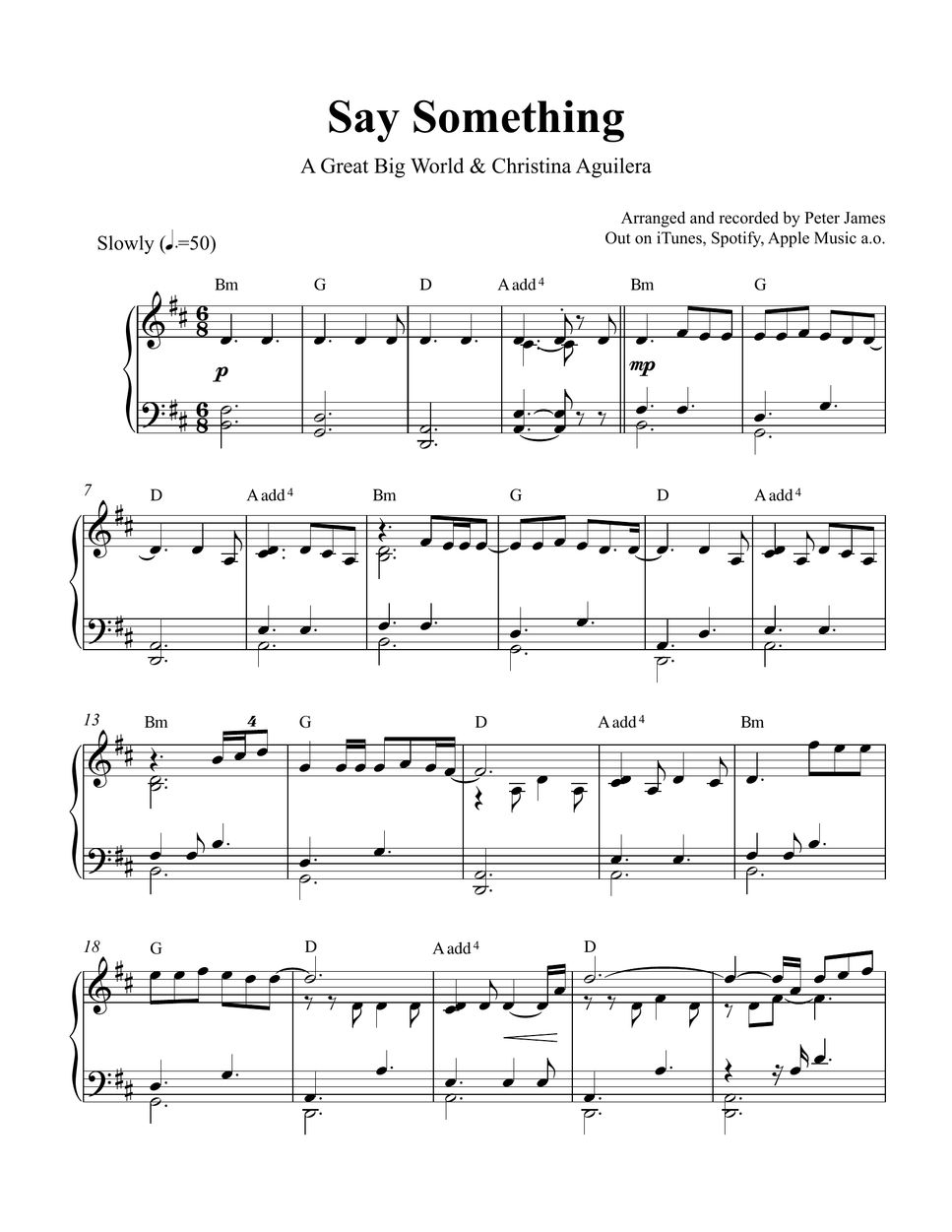 A Great Big World & Christina Aguilera - Say Something (Piano Solo ...