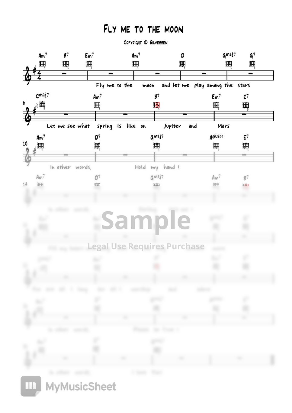 Bart Howard - Fly me to the moon (우쿨렐레반주, 코드표 포함) 曲谱 by 실버렌