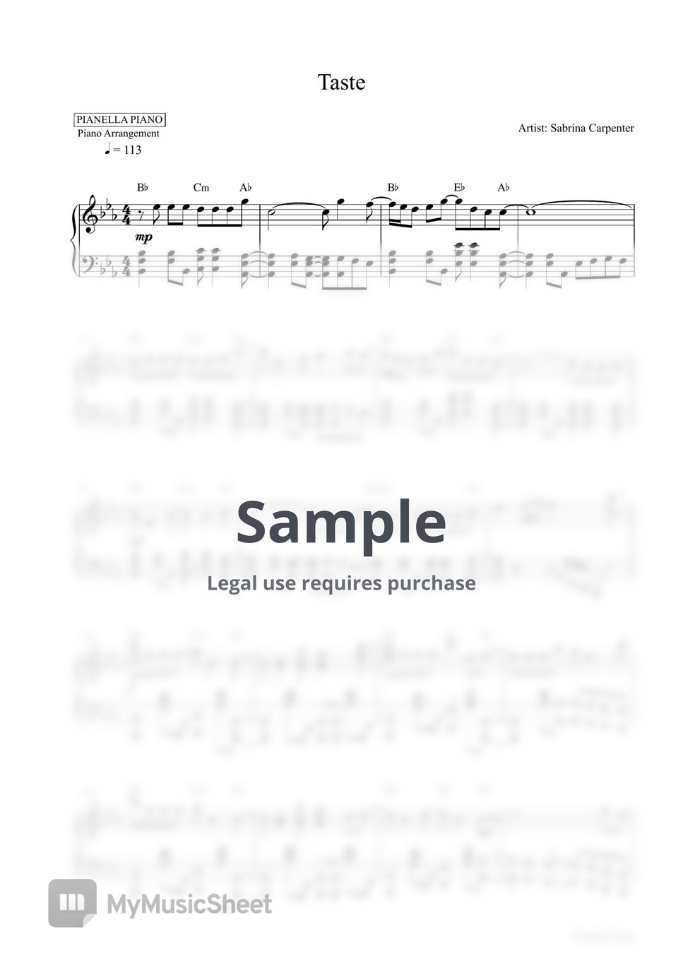 Sabrina Carpenter - Taste (Piano Sheet) 악보 by Pianella Piano