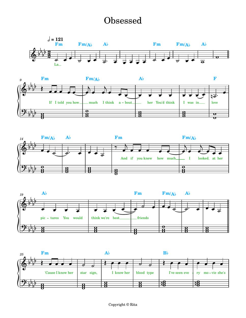 Olivia Rodrigo - Obsessed (Easy version with lyrics for singing) Sheets ...