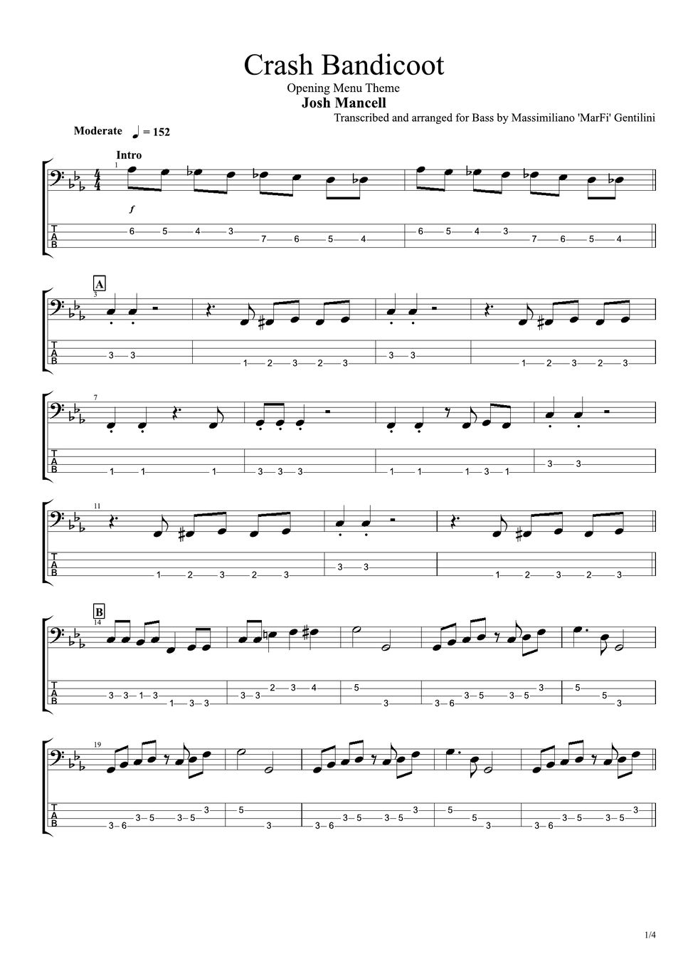 Josh Mancell - Crash Bandicoot (menu theme) Sheet by Massimiliano Gentilini