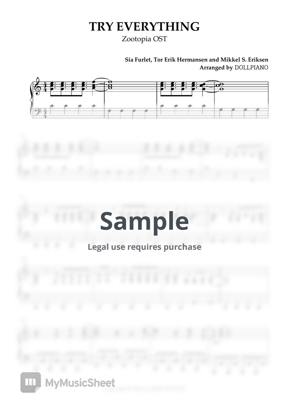 주토피아 OST - Try Everything (체르니 30~40수준, 원키 + 쉬운키) 악보 by DOLLPIANO