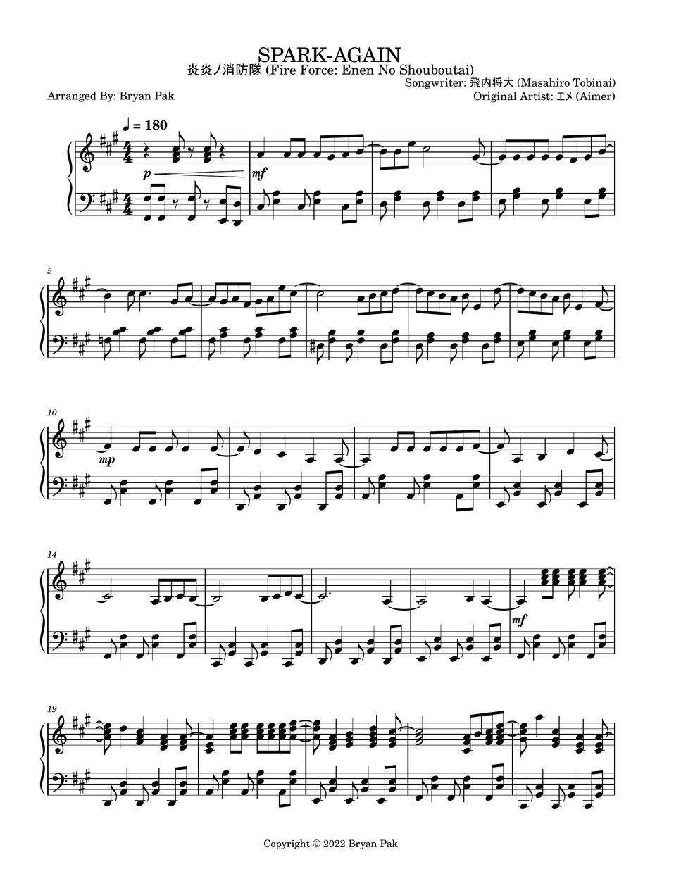 Aimer - SPARK-AGAIN (Fire Force: Enen No Shouboutai) Sheet by Bryan Pak