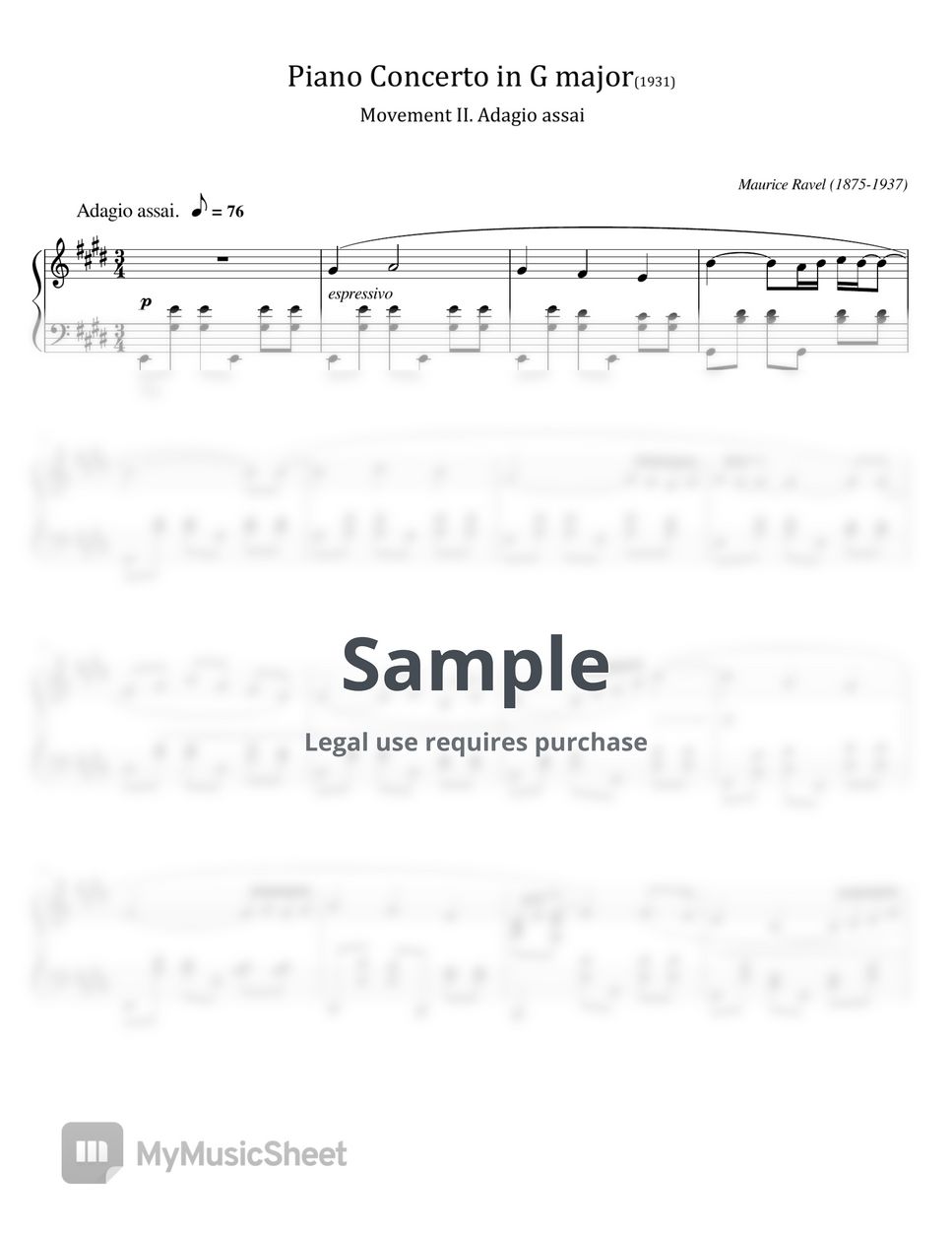 Maurice Ravel - Piano Concerto in G major - II. Adagio assai M.83 (For Solo Piano Original) 악보 ...