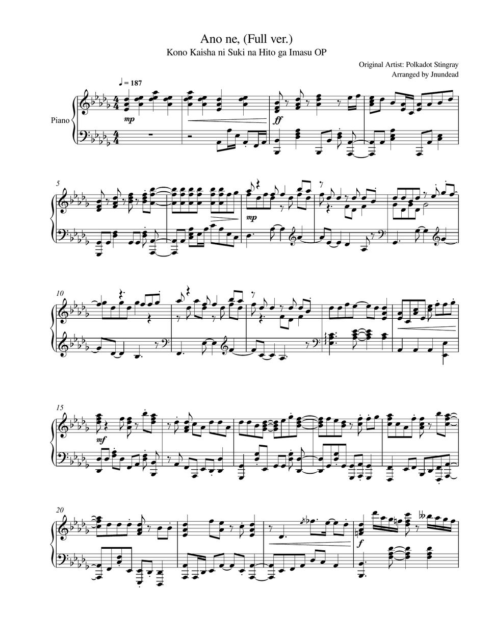 Polkadot Stingray - Ano ne, (Full ver.) 악보 by Jnundead
