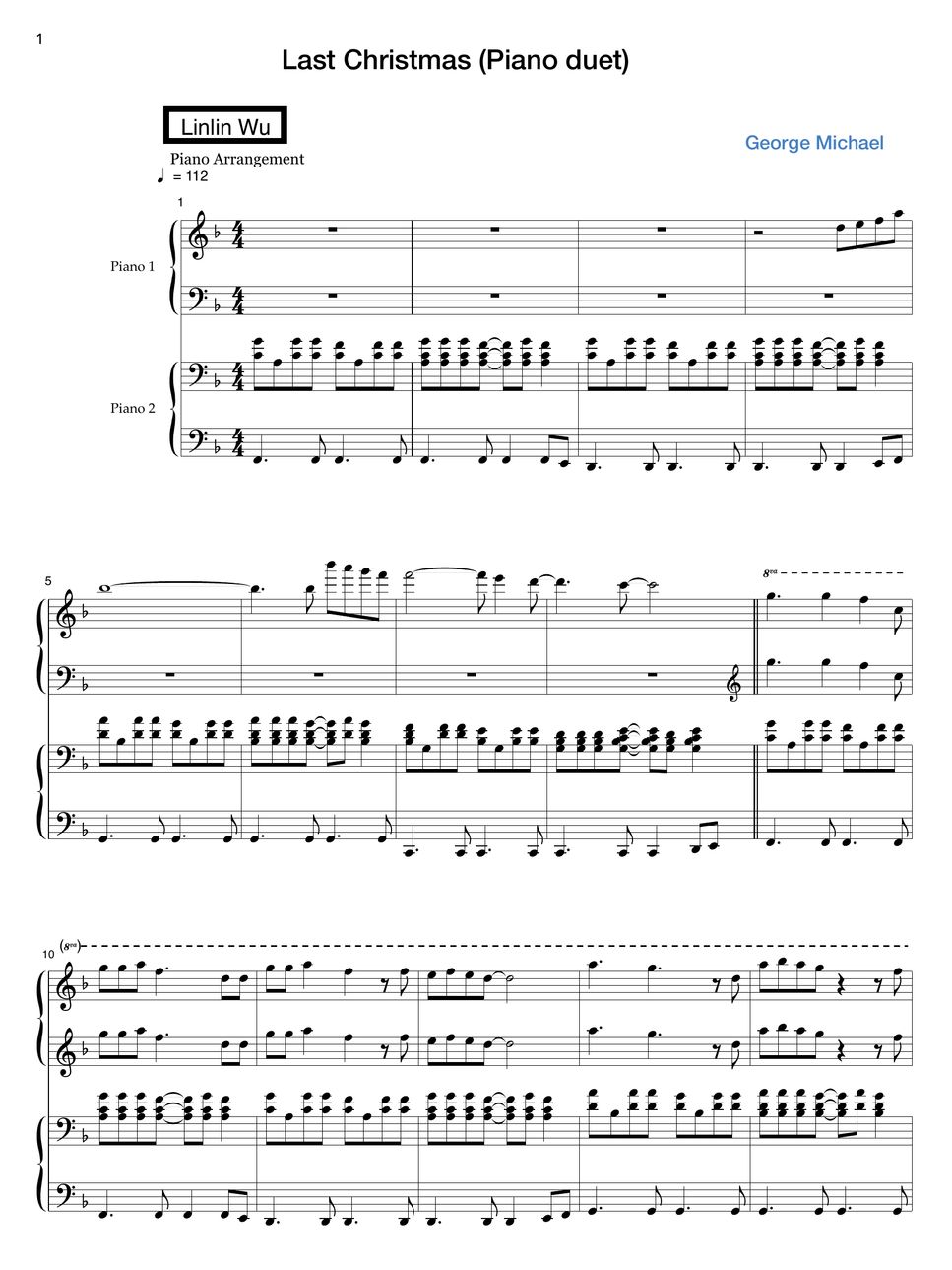 Wham - Last Christmas (Four Hands) Sheet Music by Linlin Piano
