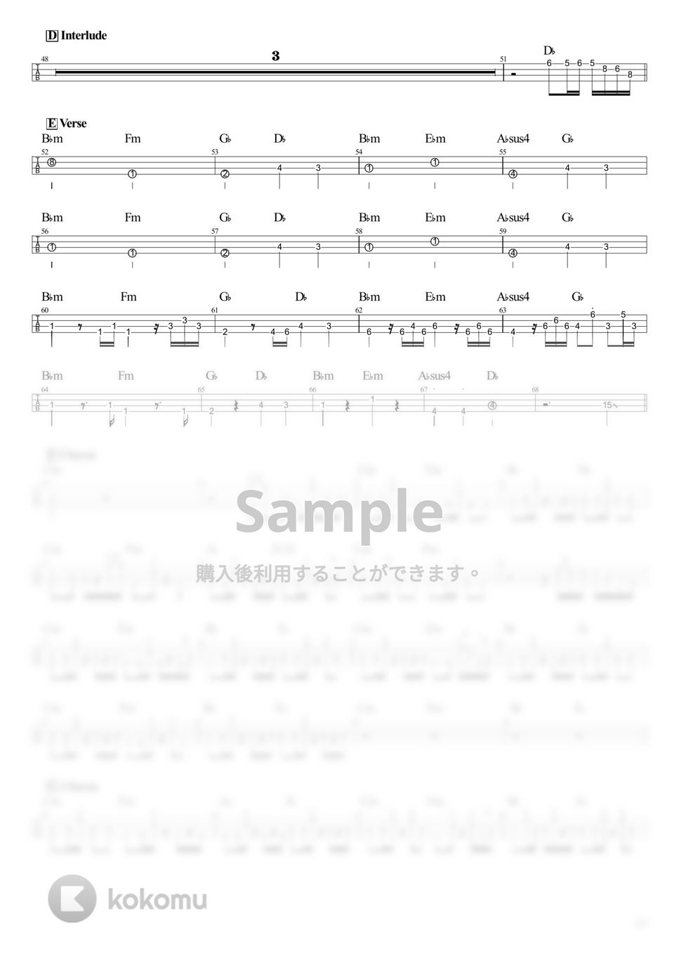 KERENMI - boy feat. asmi & imase (Tabのみ/ベース Tab譜 4弦) 楽譜 by T's bass score