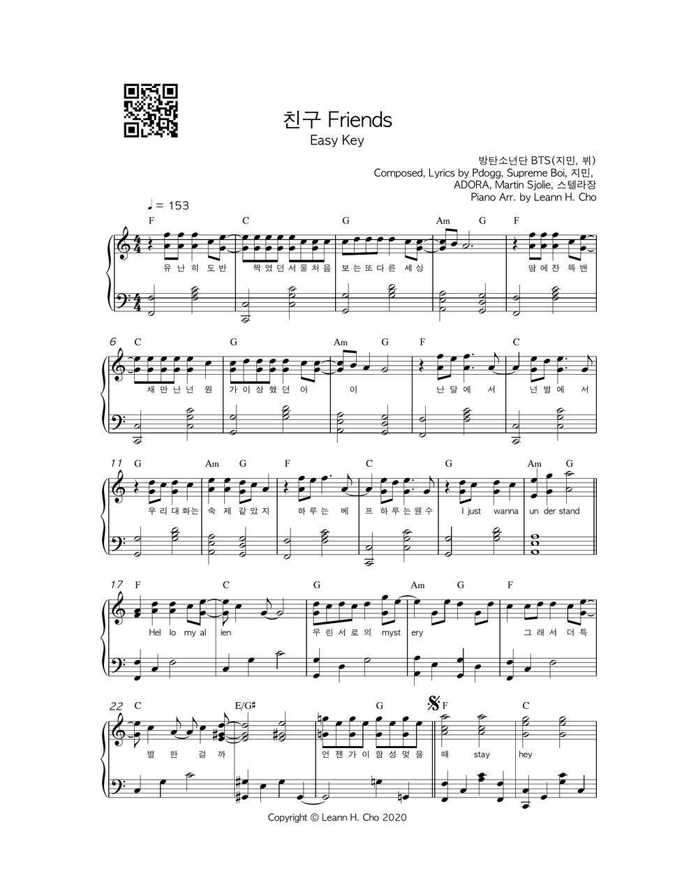 BTS - Friends 친구 (Easy/Orignal Key) Sheet by LeannCho