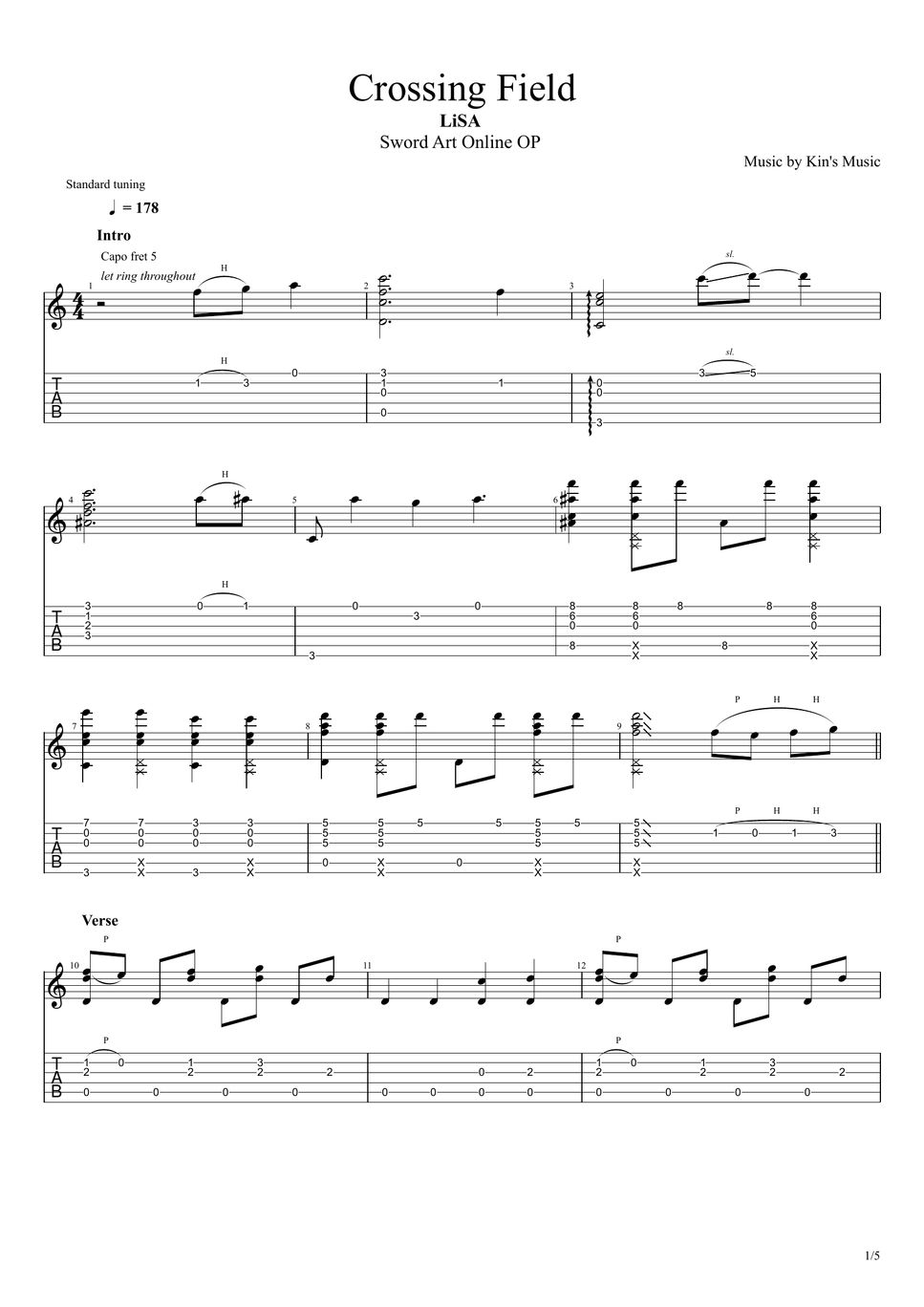 LiSA - Crossing Field[Easy Guitar Fingerstyle For Beginner] Sheets by ...