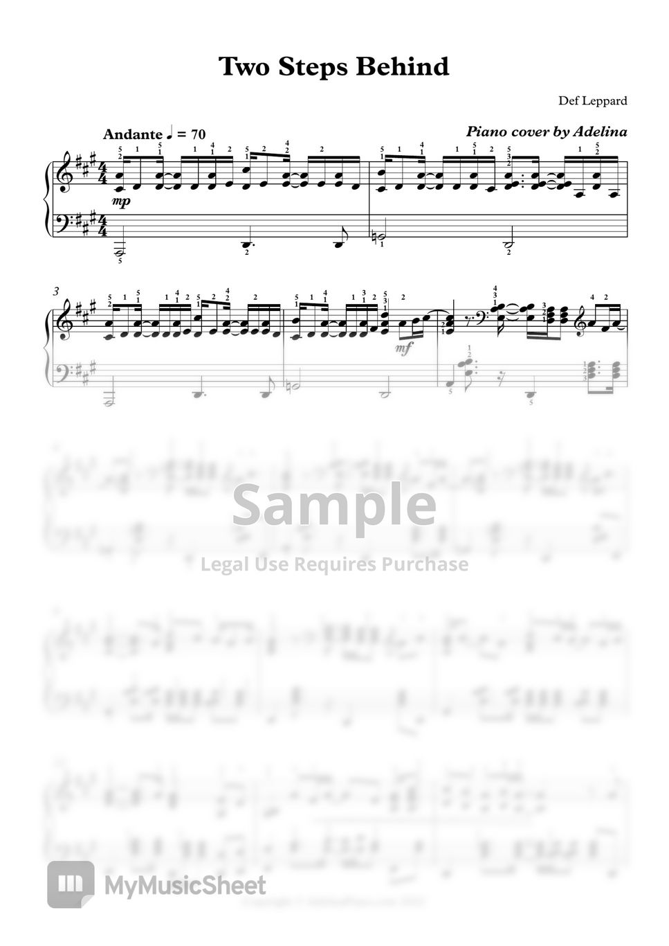 Def Leppard - Two Steps Behind Sheets by Adelina Piano