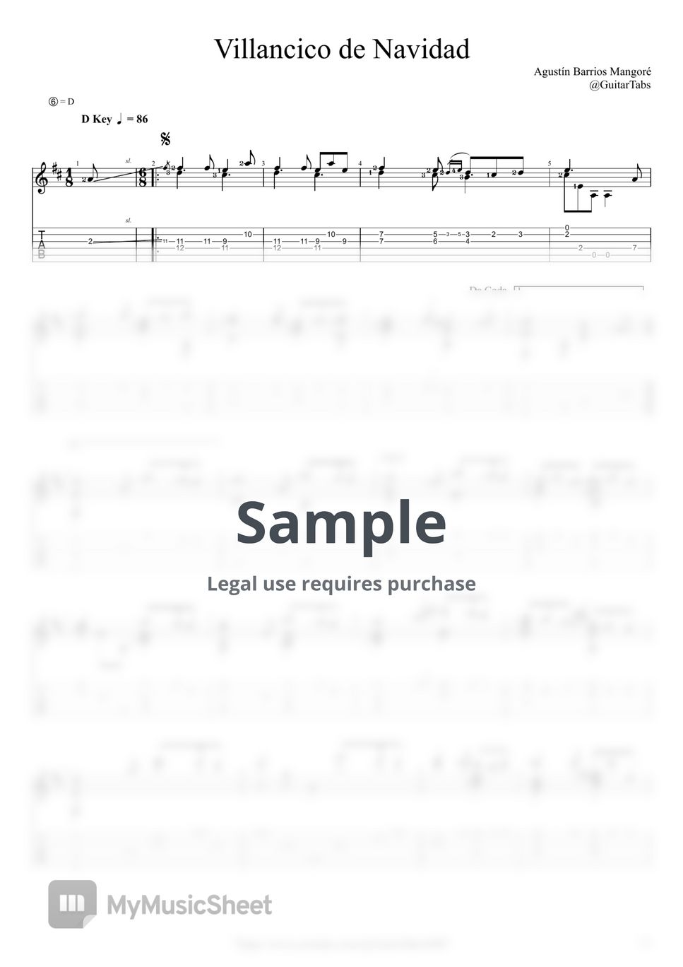 A.B. Mangoré (오거스틴 바리오스 망고레) - Villancico de Navidad (크리스마스 캐롤) (오선+타브+운지(Staff+TAB+Fingering ...