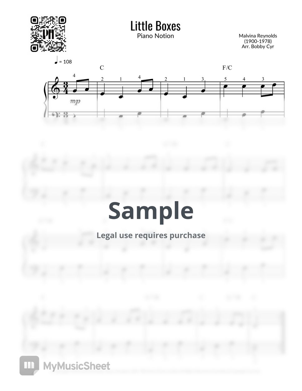 Malvina Reynolds - Little Boxes (Easy Piano) Sheet Music by Piano Notion