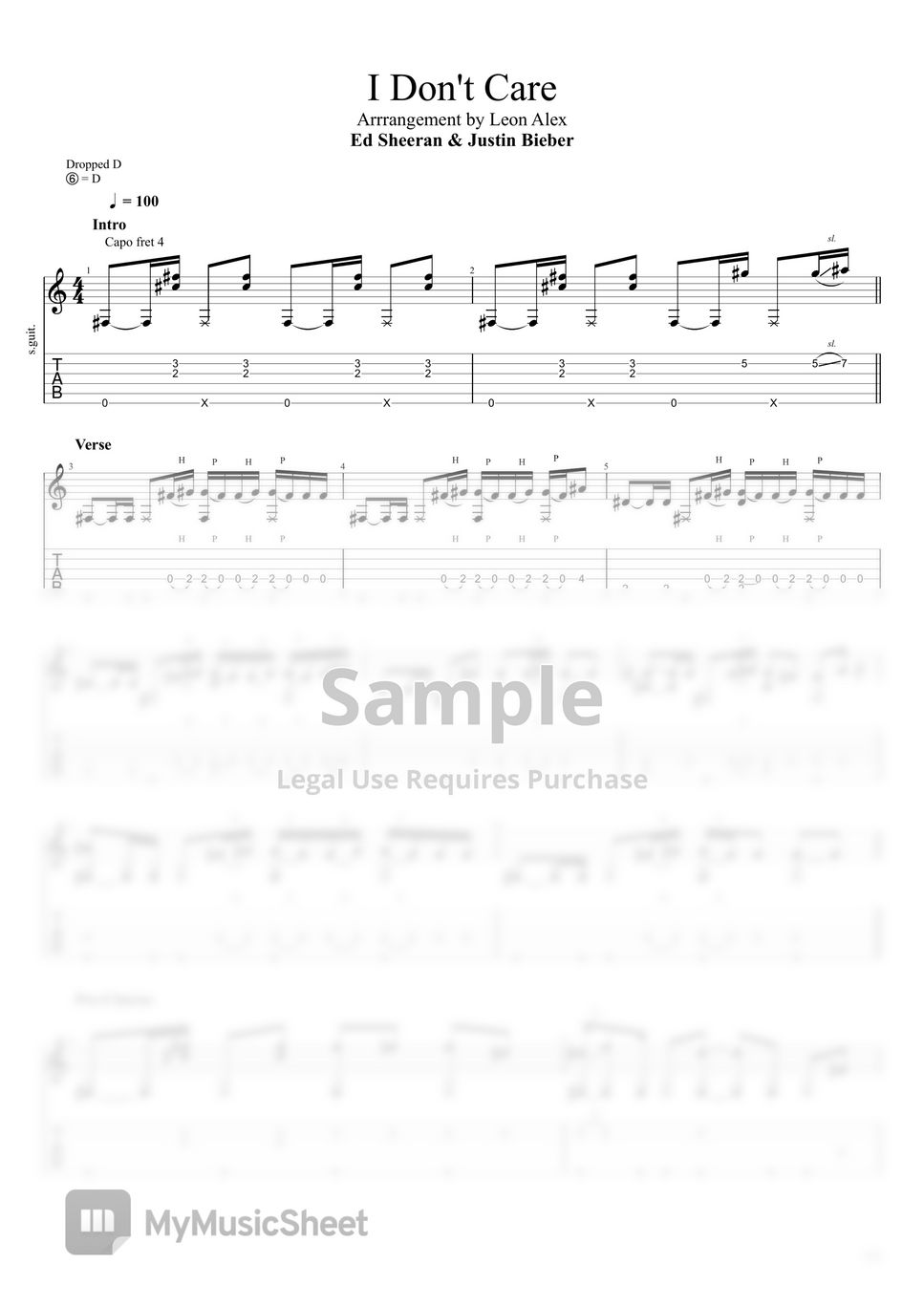 Ed Sheeran & Justin Bieber - I Don't Care (Fingerstyle) 악보 by Leon Alex