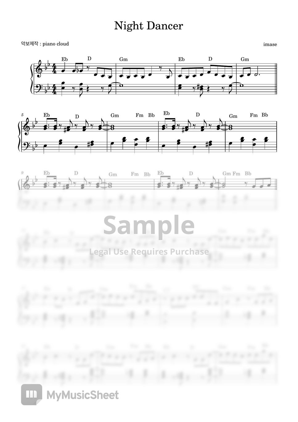 imase(이마세) - Night Dancer (원키) Bladmuziek by 피아노클라우드(piano cloud)
