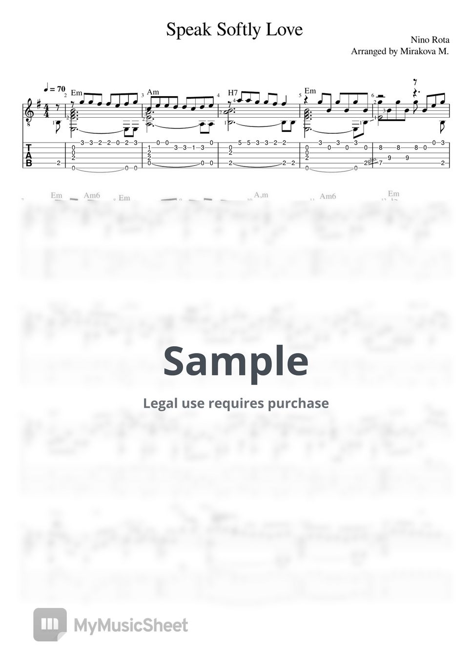 Nino Rota - Speak Softly, Love Tab + 단선 악보 by Marina Mirakova