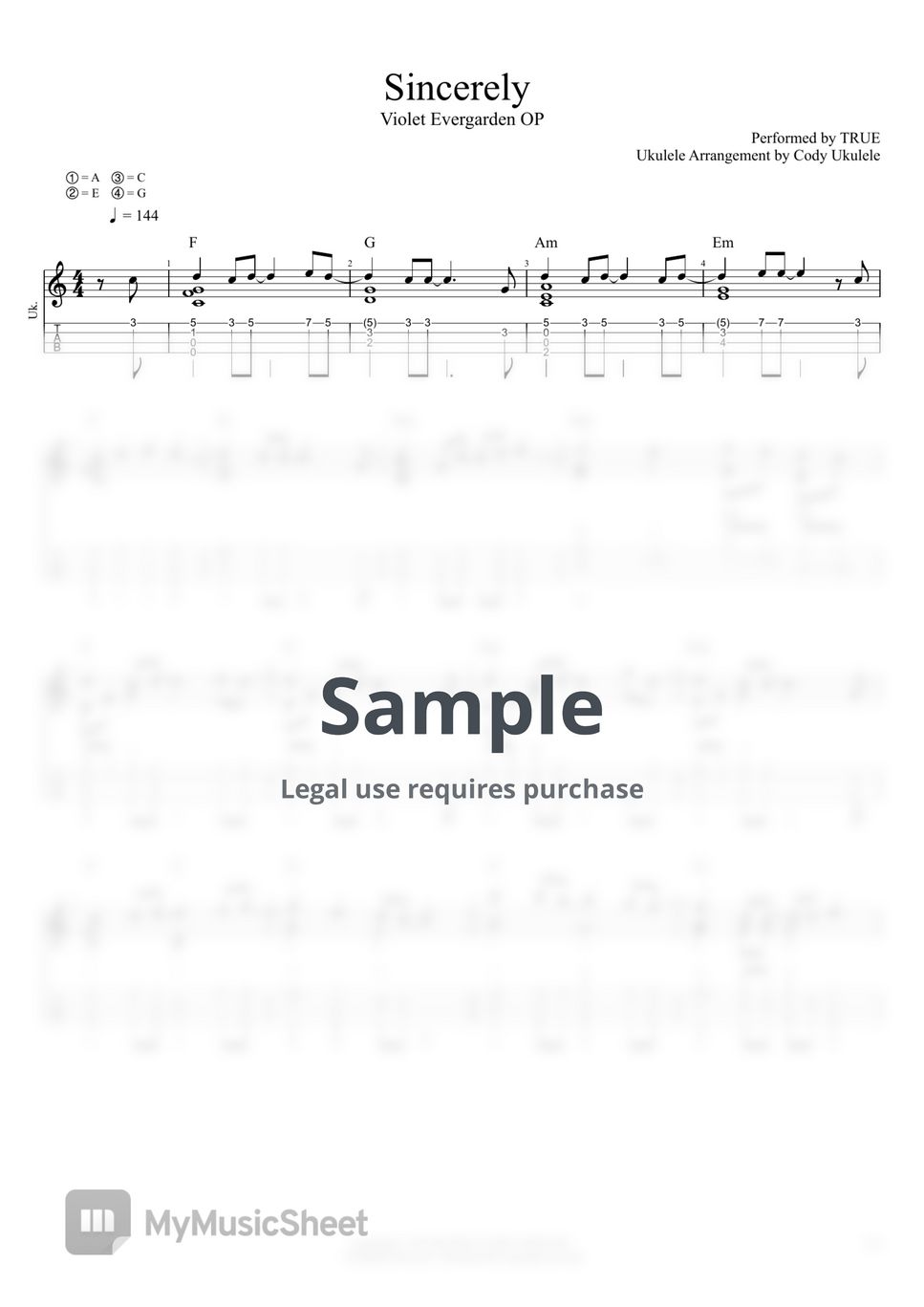 TRUE - Sincerely Tab + 단선 악보 by Cody Ukulele