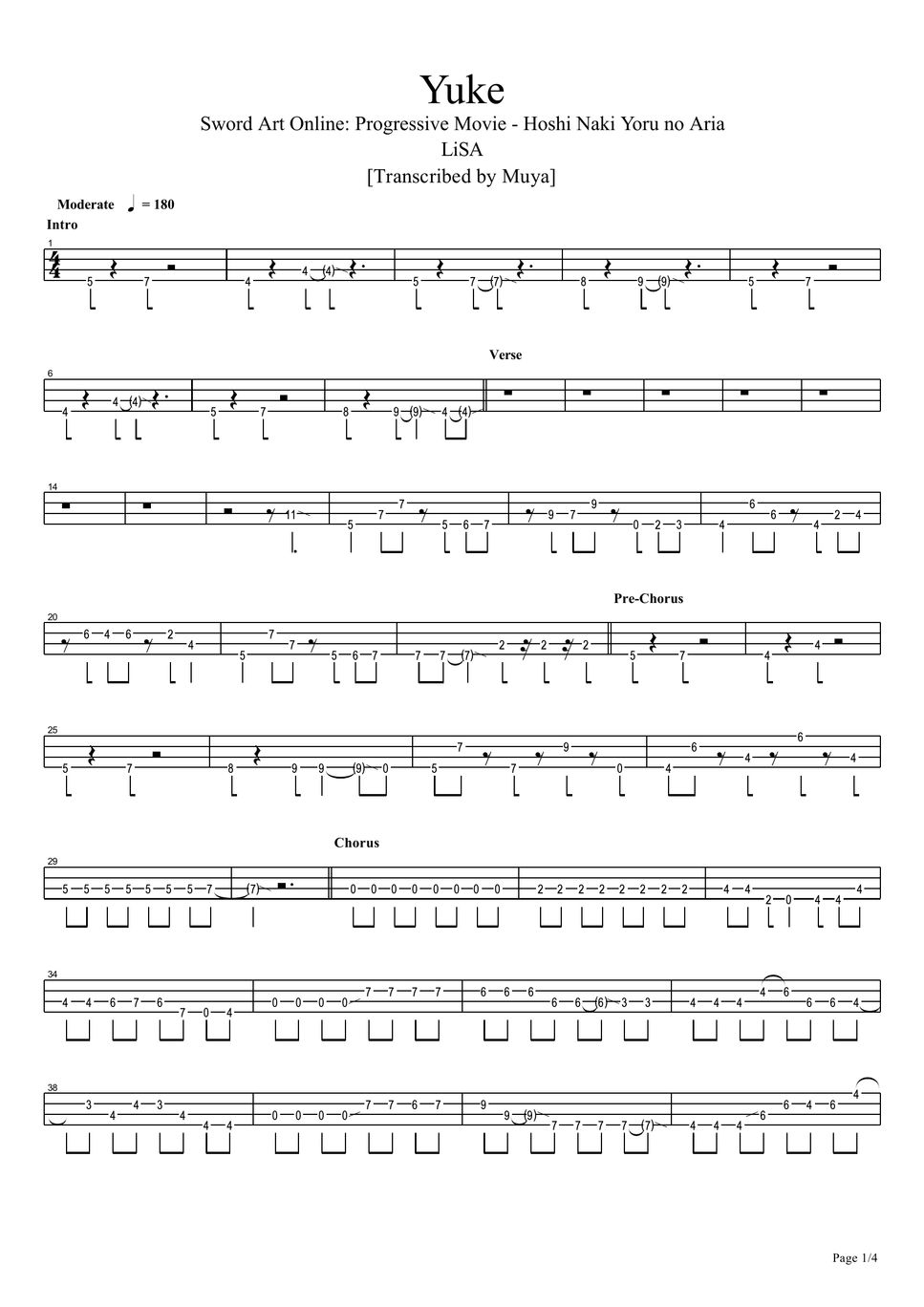 LiSA - Yuke (Bass TAB) Sheet Music by Muya