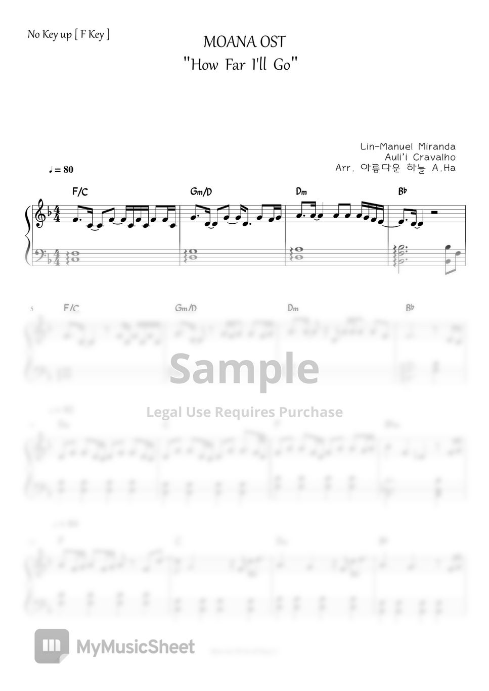 MOANA OST "How Far I'll GO" [ Level 2 - F Key ] Sheets