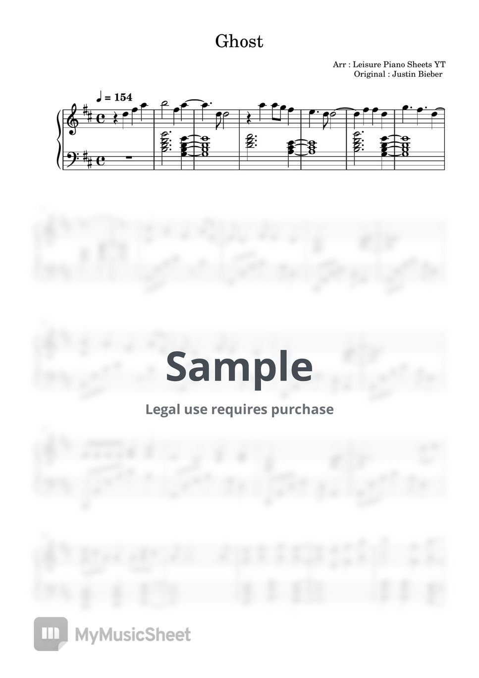 Justin Bieber - Ghost Sheet Music by Leisure Piano Sheets YT
