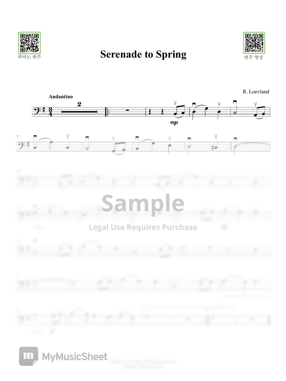 R. Loevland - Serenade to Spring 10월의 어느 멋진 날에 (Cello 편곡) 악보 by Hyo Youn