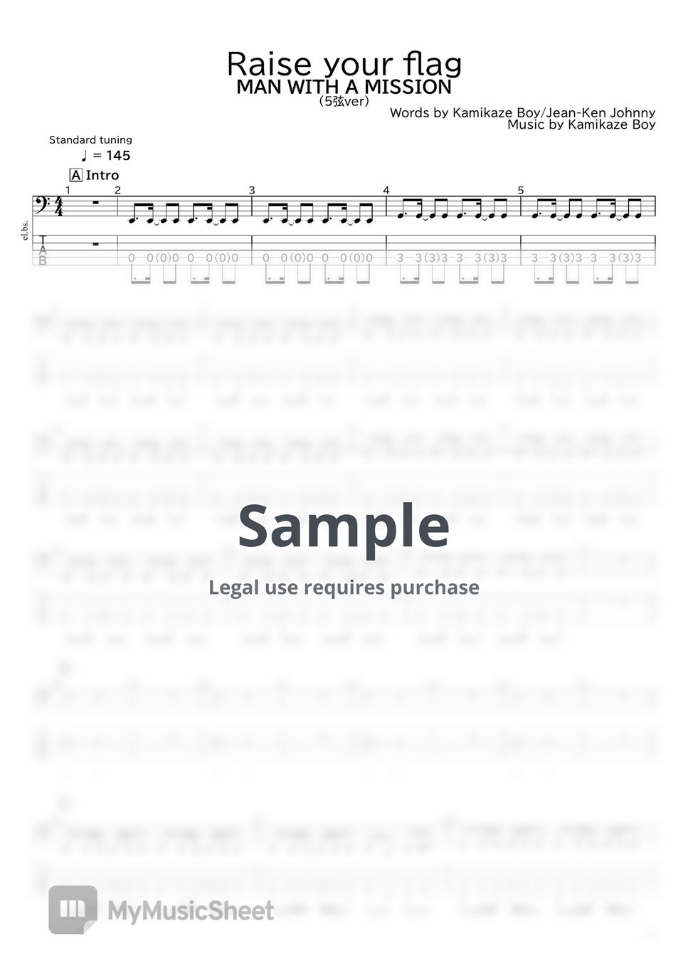 MAN WITH A MISSION - Raise your flag(5弦ver) แผ่น by たぶべー＠財布に優しいベース楽譜屋さん（BASS・TAB譜）