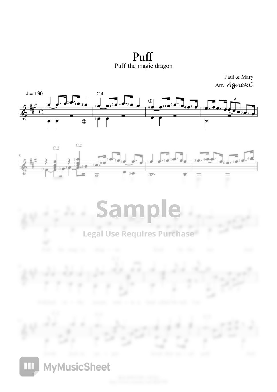 Paul And Mary - Puff, The Magic Dragon (Classic guitar) 악보 by Agnes.C