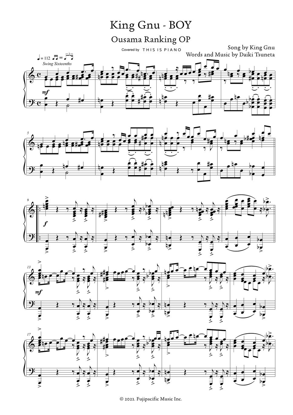 King Gnu - Boy (Ranking of Kings OP) Sheet by THIS IS PIANO