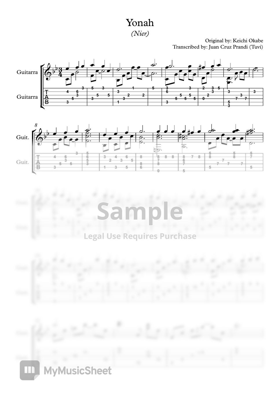 Kechi Okabe - Yonah (Classical guitar/Guitar cover) Tab + 단선 악보 by Tuvi ...