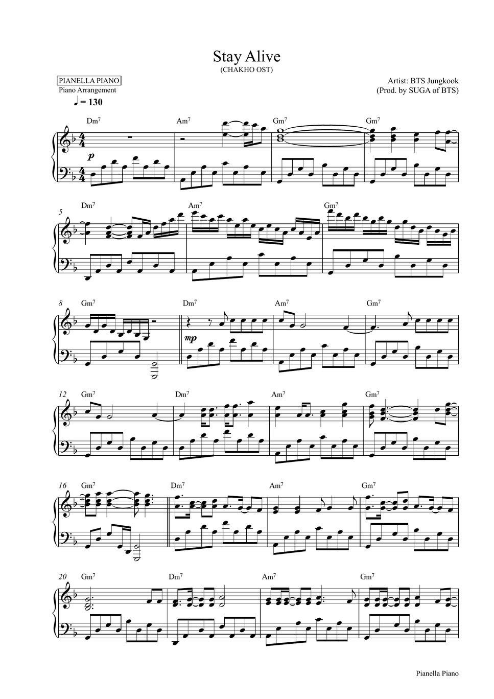 BTS Jungkook (CHAKHO OST) - Stay Alive (Piano Sheet) 楽譜 by Pianella Piano
