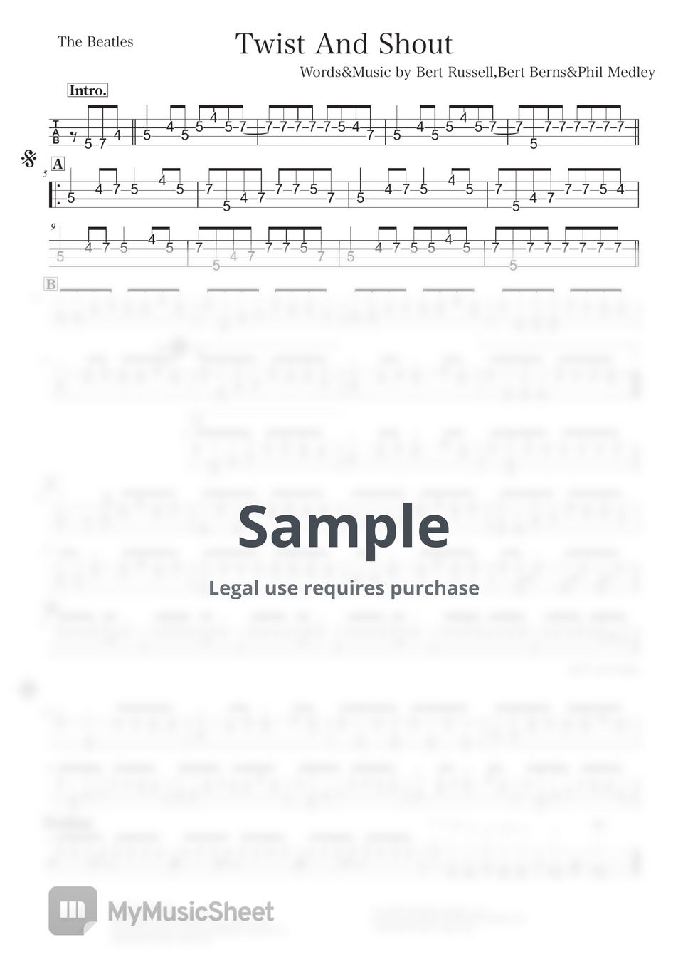 the Beatles - Twist and Shout (ベース譜/TAB譜のみ) Sheets by きどりん