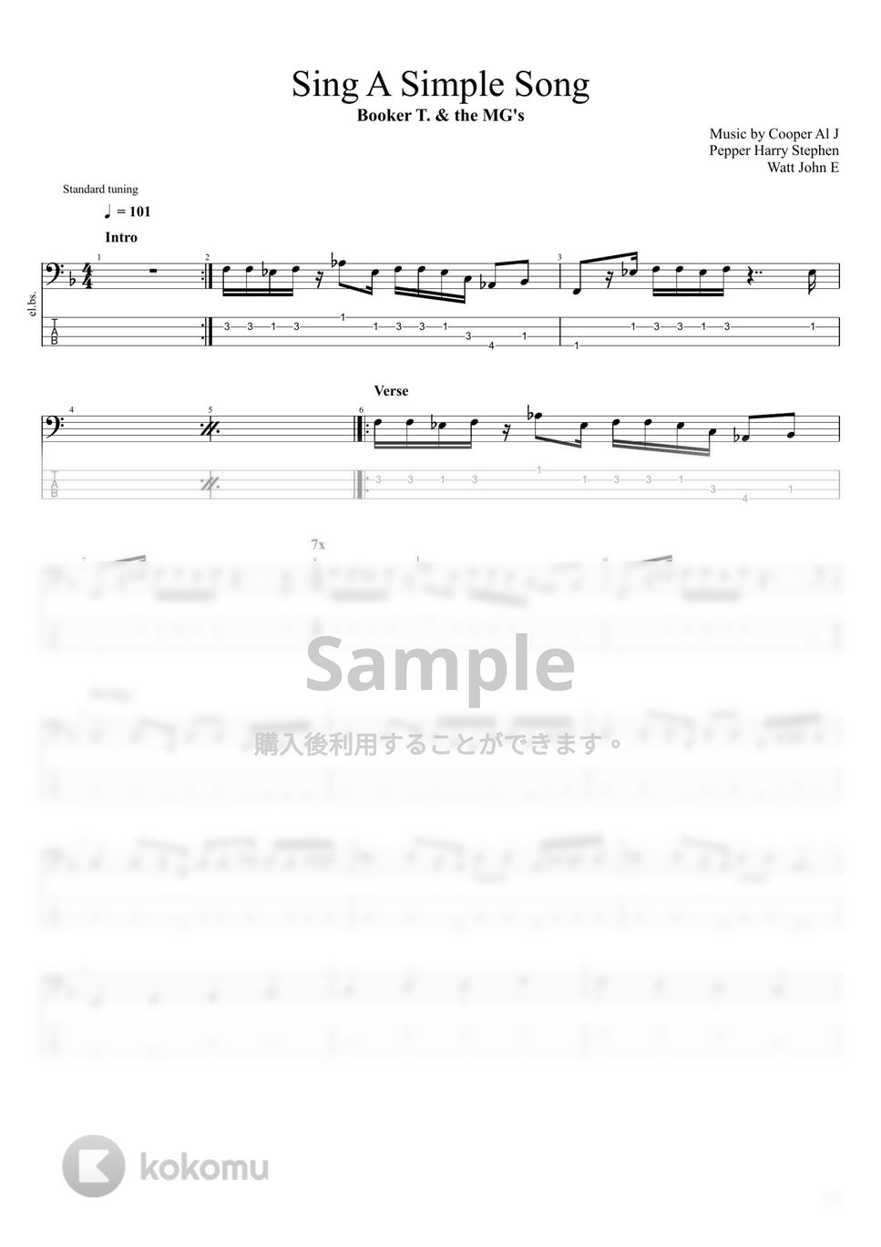 Booker T. & the MG's - Sing A Simple Song ベースギタータブ+五線譜PDF | まっきん | Kokomu