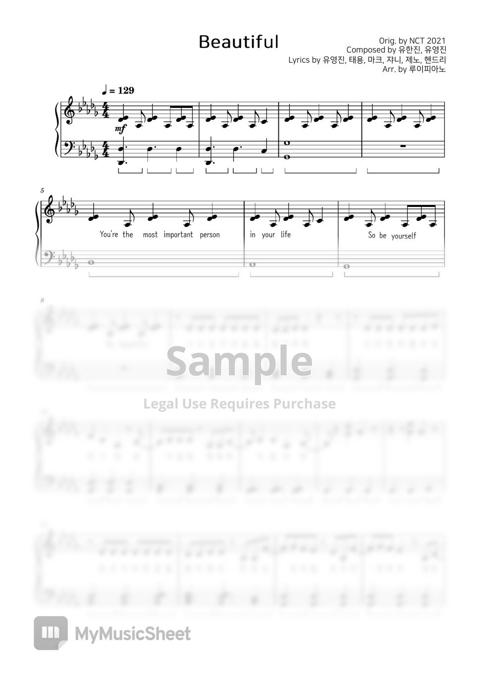 NCT 2021 - Beautiful (원키 / 가사 포함) Sheets by 루이피아노