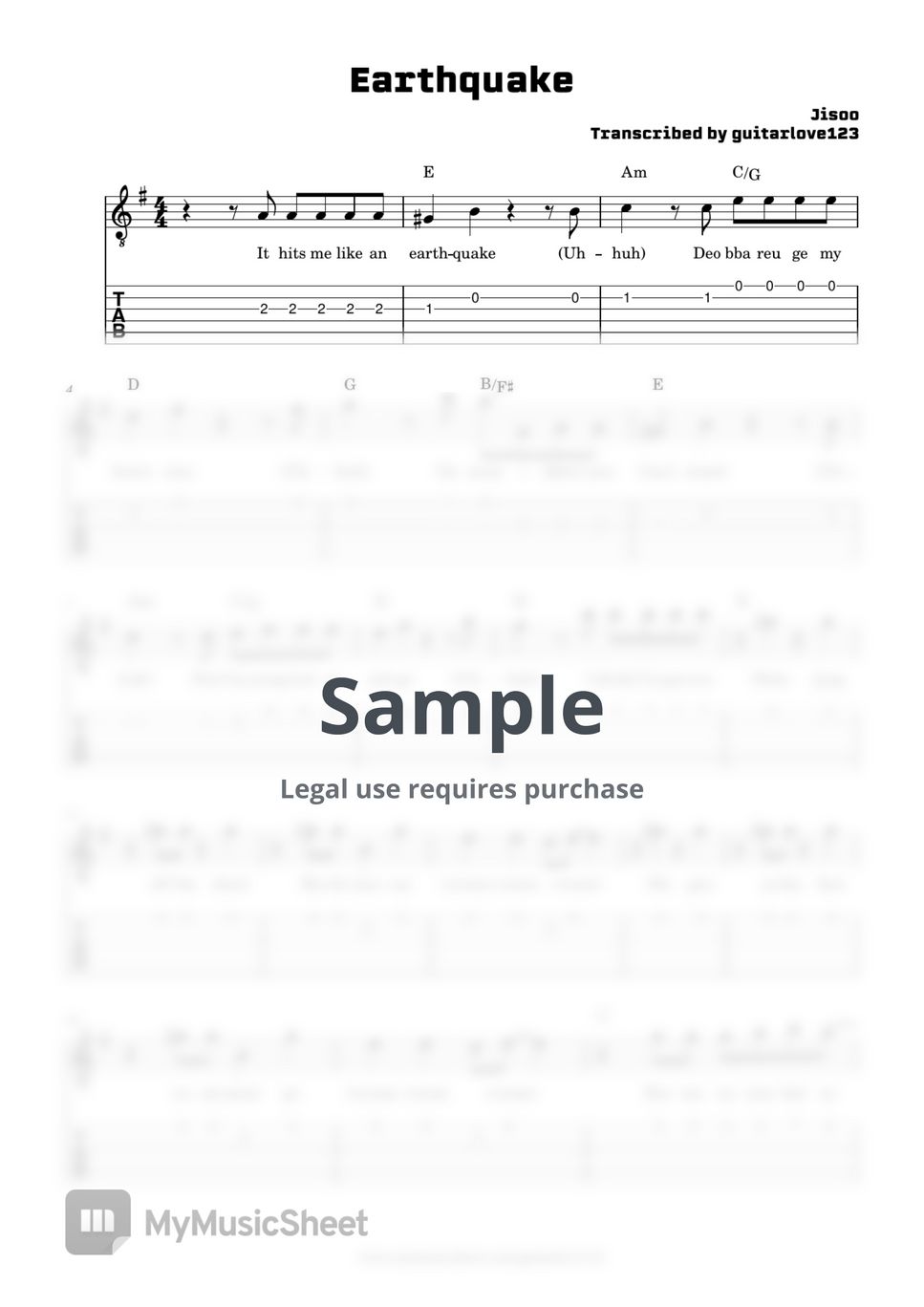 Jisoo - Earthquake Tab + 단선 악보 by musiclove123