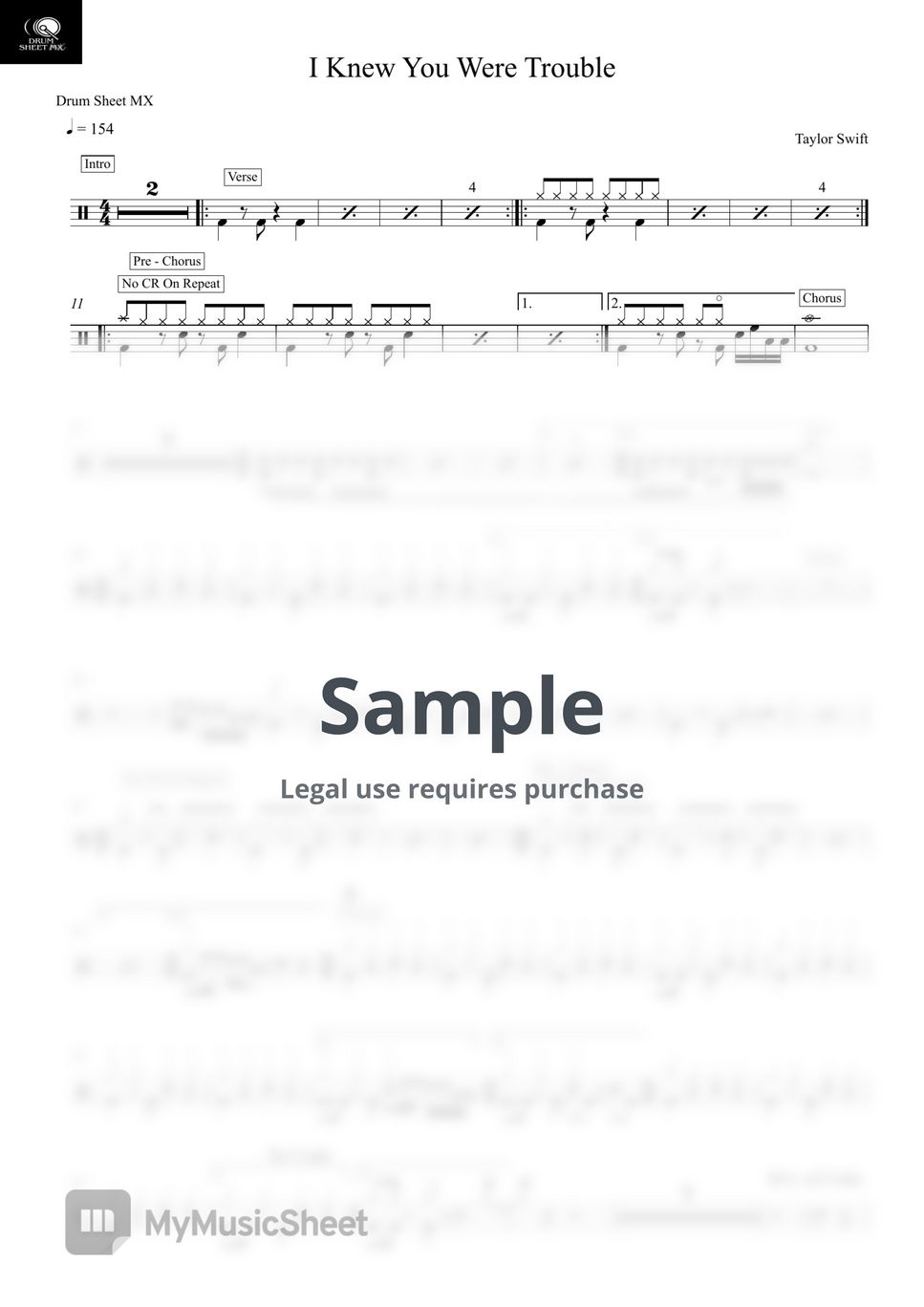 Taylor Swift - I Knew You Were Trouble Sheets by Drum Sheet MX