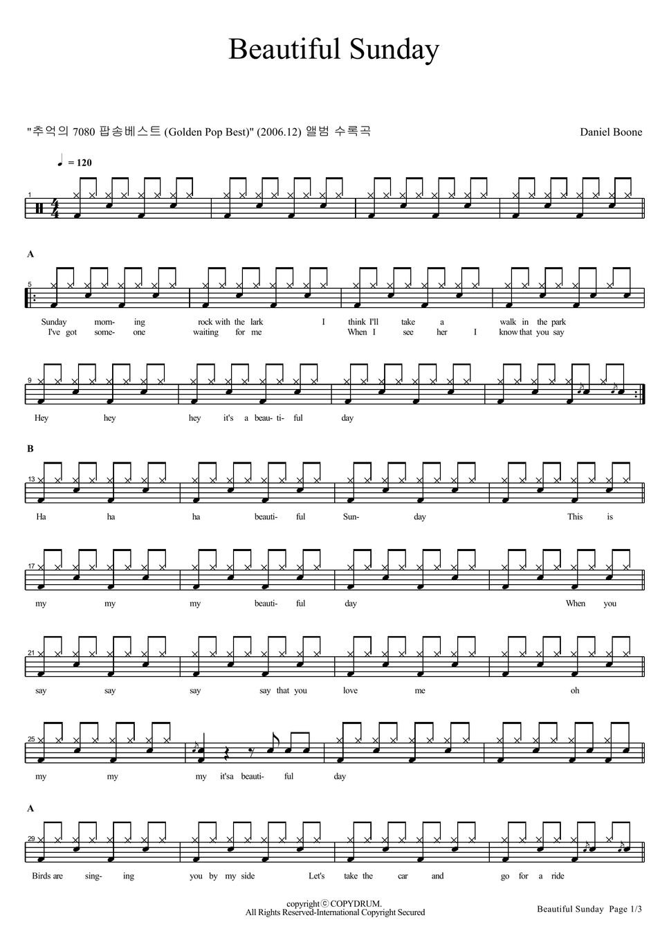 Daniel Boone - Beautiful Sunday 악보 by COPYDRUM