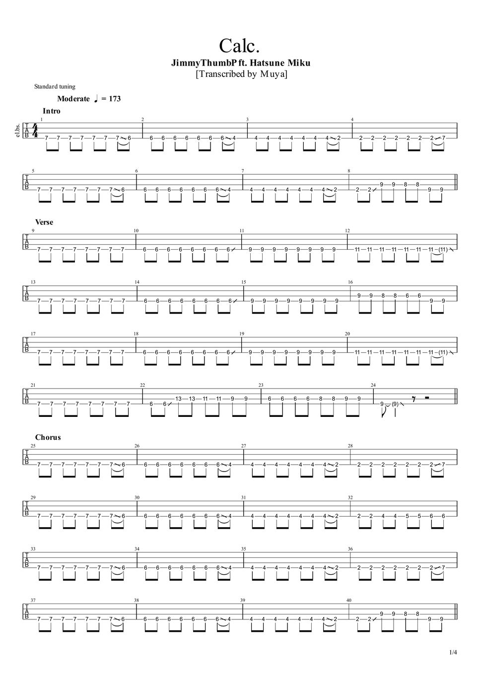 JimmyThumbP ft. Hatsune Miku - Calc. (Bass TAB) Sheet Music by Muya