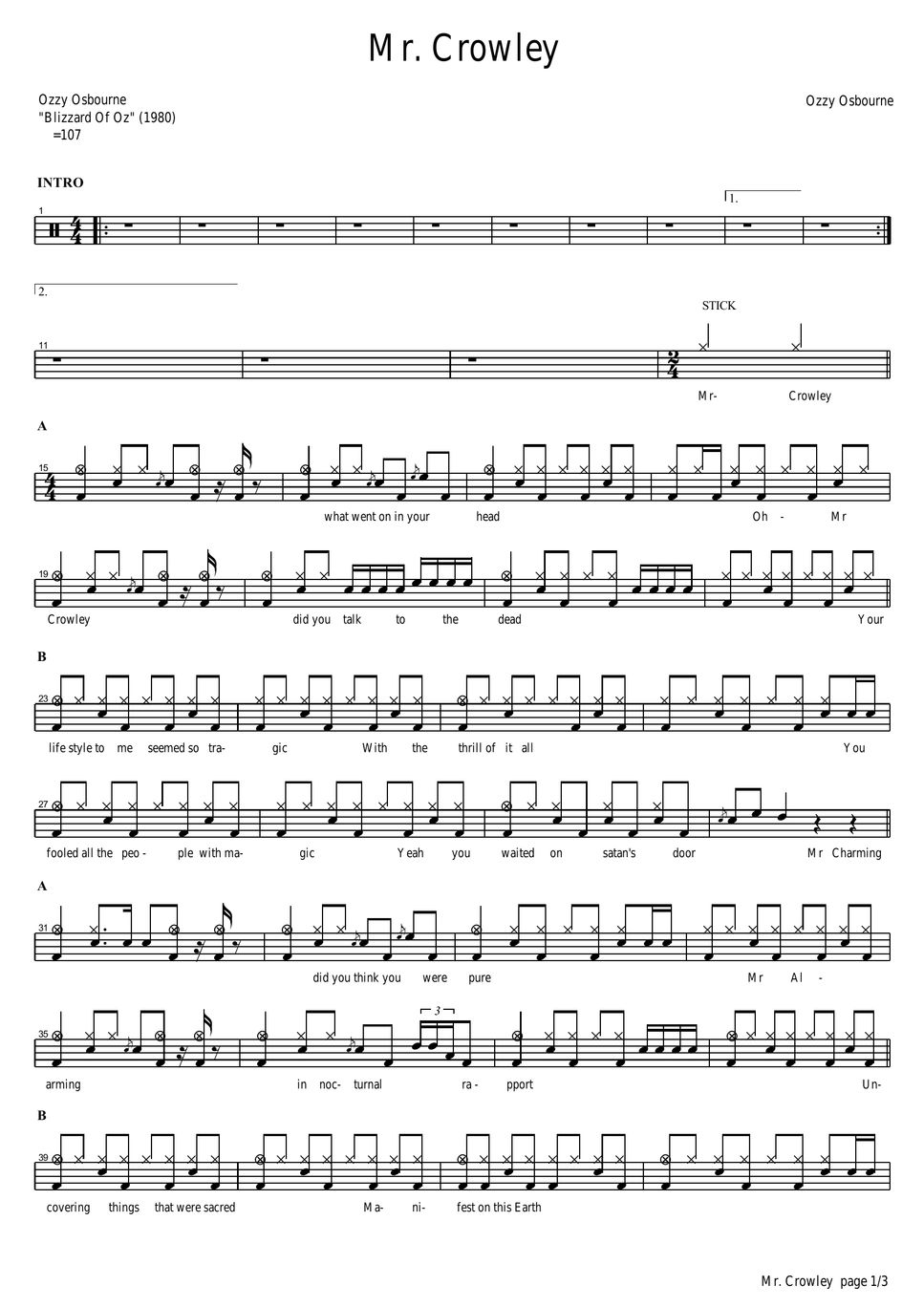 Ozzy Osbourne - Mr Crowley 악보 by COPYDRUM