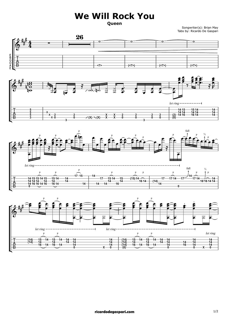 Queen - We Will Rock You (for one guitar) Sheet by Ricardo De Gaspari