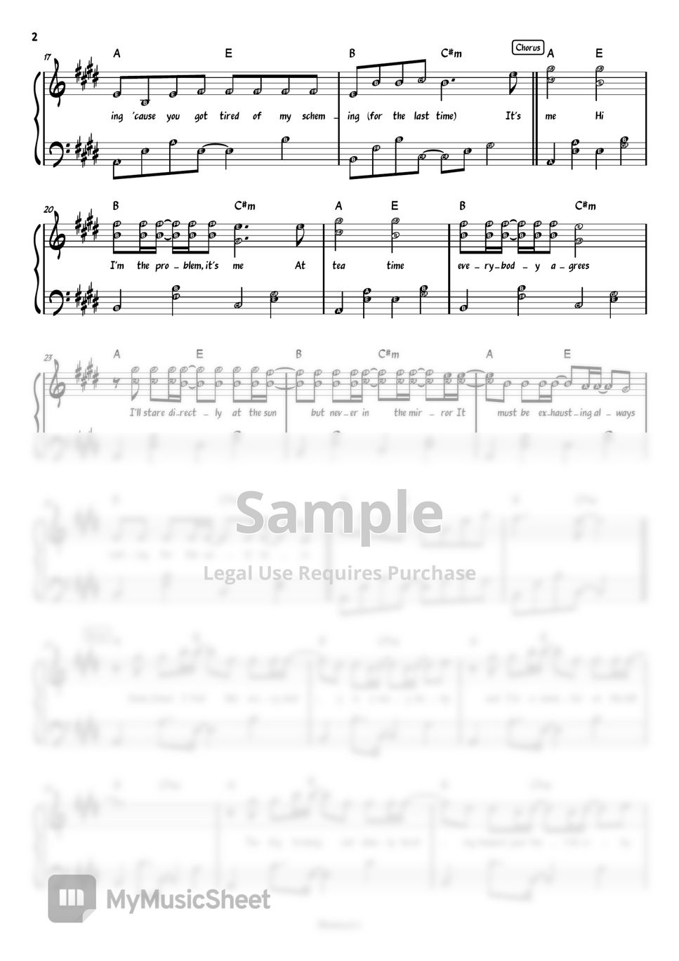 Taylor Swift Anti Hero Piano Sheets By Meowscore