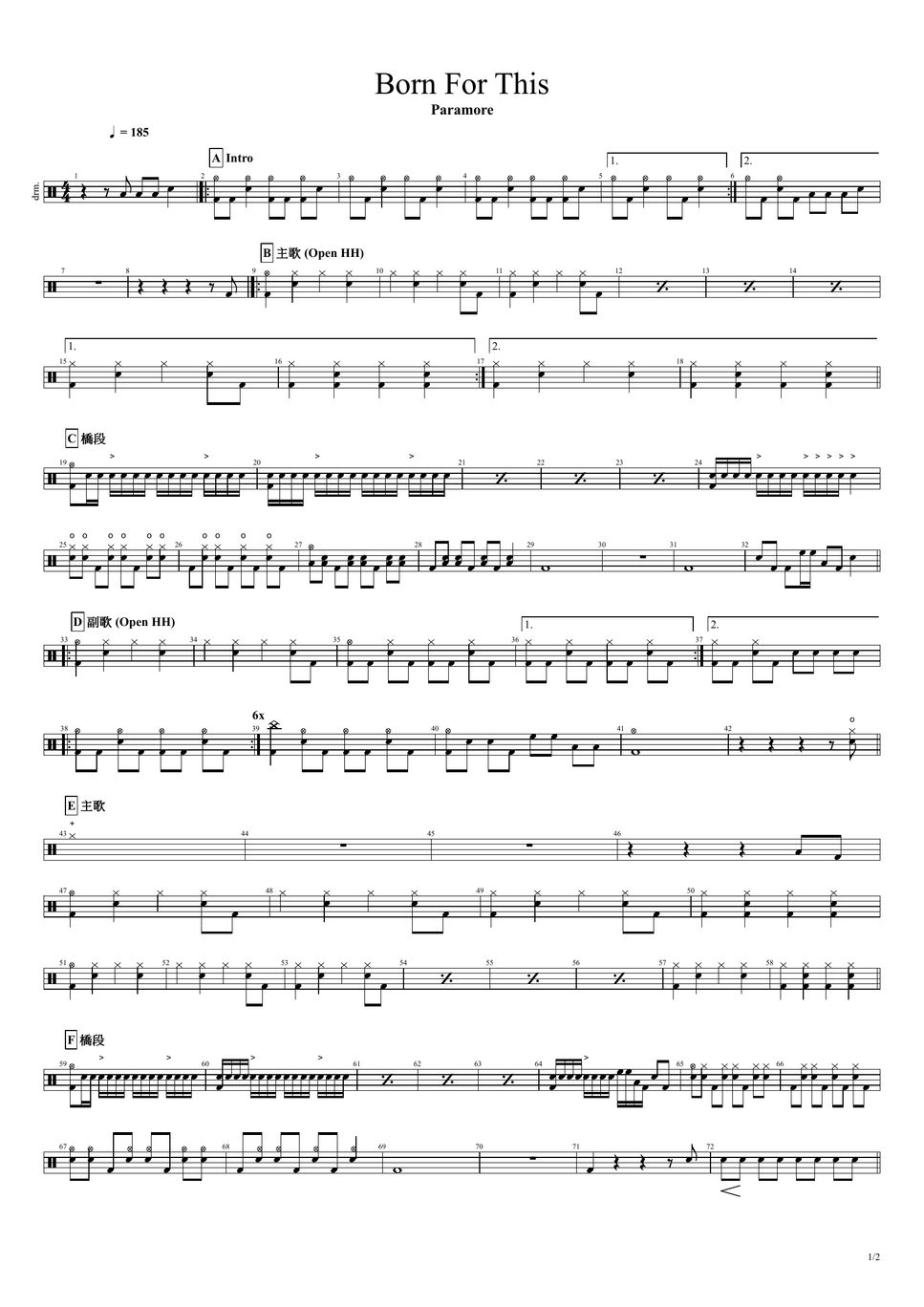 Paramore - Born For This (鼓譜) 악보 by keried