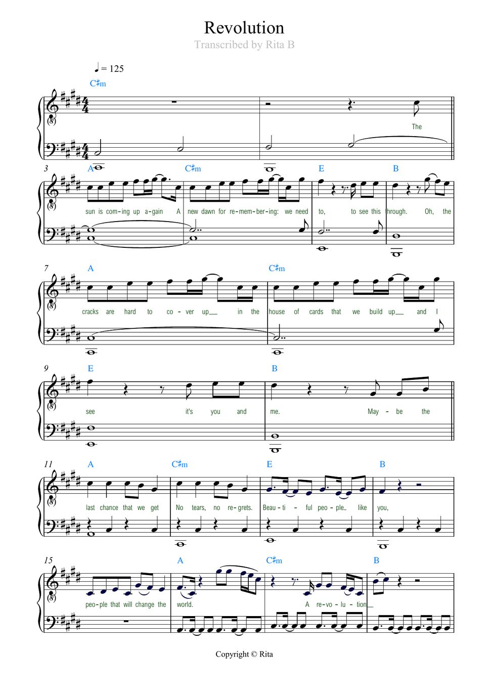 Måns Zelmerlöw - Revolution (Lyrics, chords) Sheet Music by Rita B