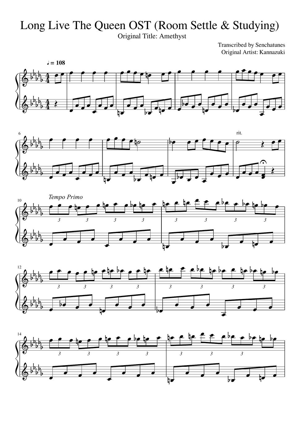 Long Live The Queen OST - Room Settle and Studying (Amethyst) Sheet by ...