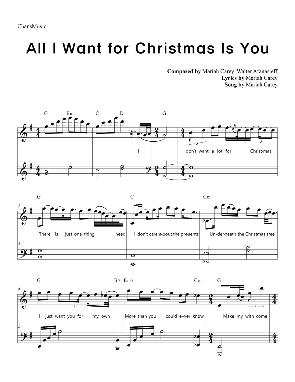 Mariah Carey - All I Want for Christmas Is You (Easy Version) Sheet by ChansMusic