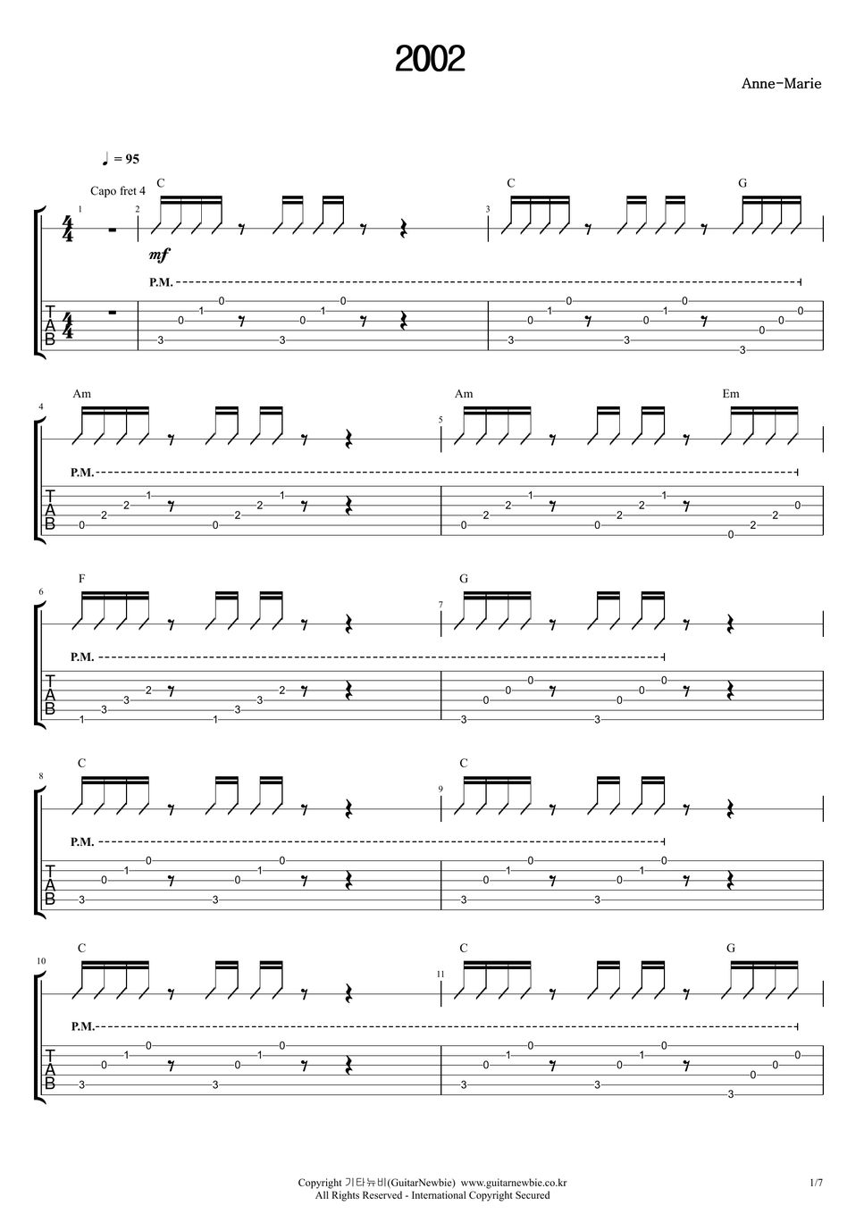 Anne-Marie - 2002 (orginal copy full version, guitar TAB, GTX) Notenblatt