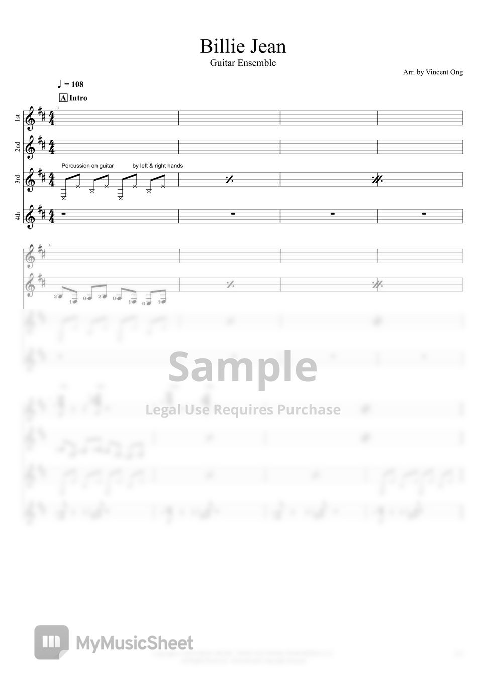 Michael Jackson - Billie Jeans (Guitar Ensemble) Sheet Music by Vincent Ong