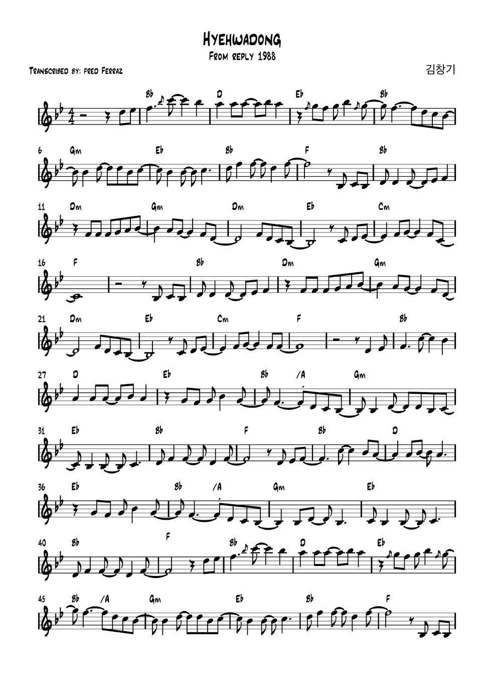 Park Boram - Hyehwadong from Reply 1988 응답하라 OST Sheet by The Piano Chef