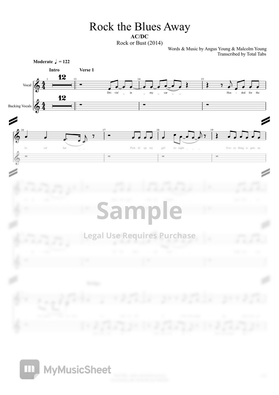 AC/DC - Rock the Blues Away (Vocals) Sheet Music by Total Tabs